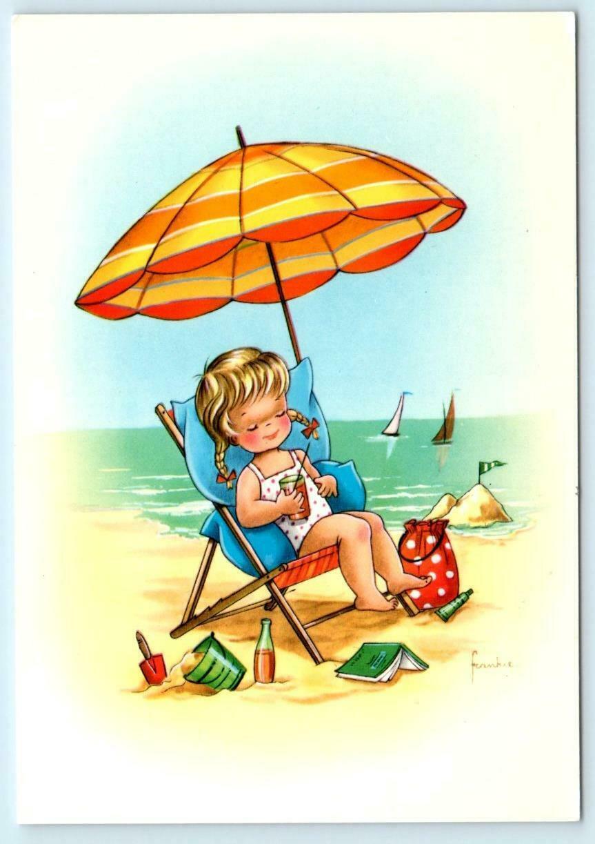2 Postcards FRANKIE Artist Signed CHILDREN BEACH Donkey Pigtails Braids ...