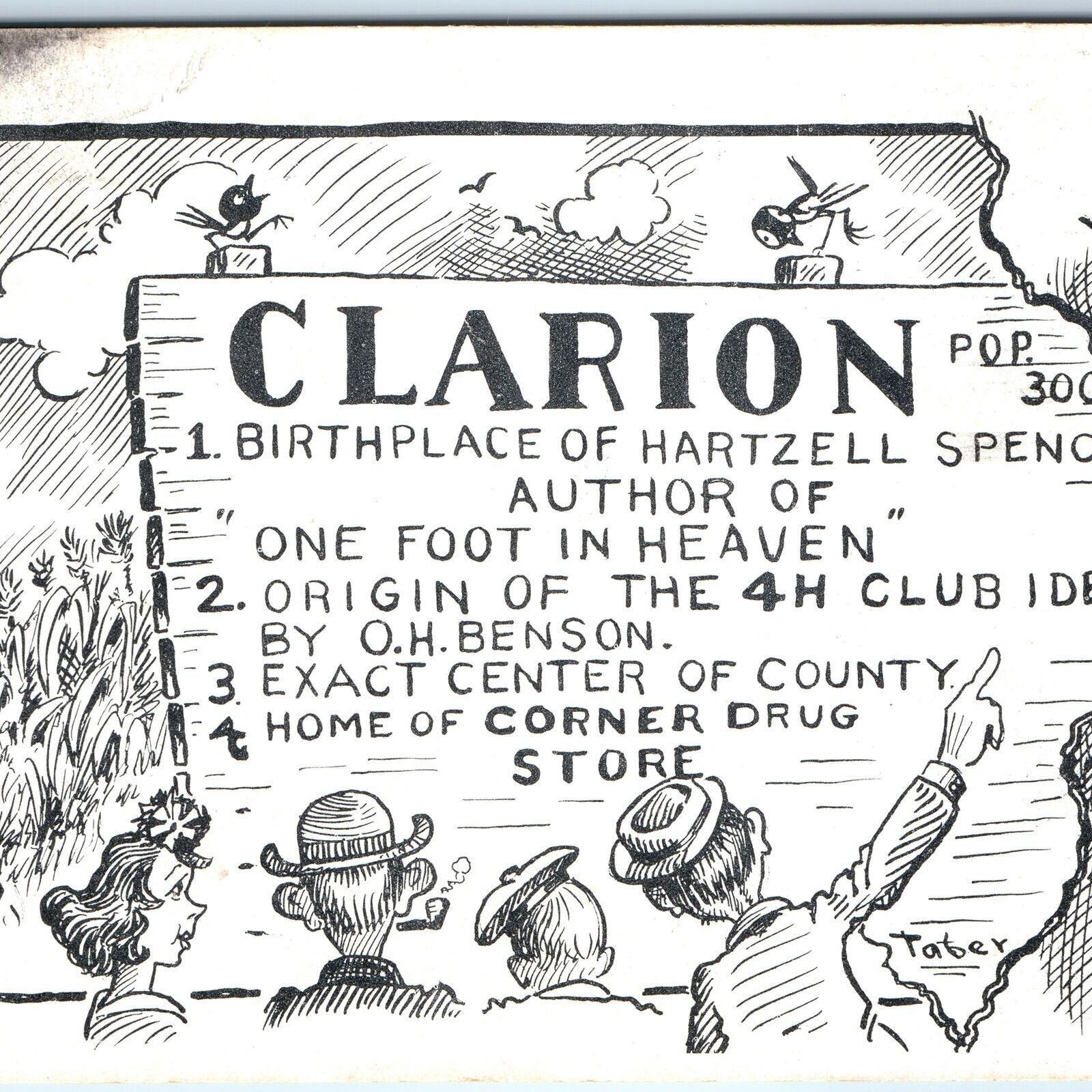 c1940s Clarion, IA Greetings Hartzell Spence 4H Drug Store Art Map ...