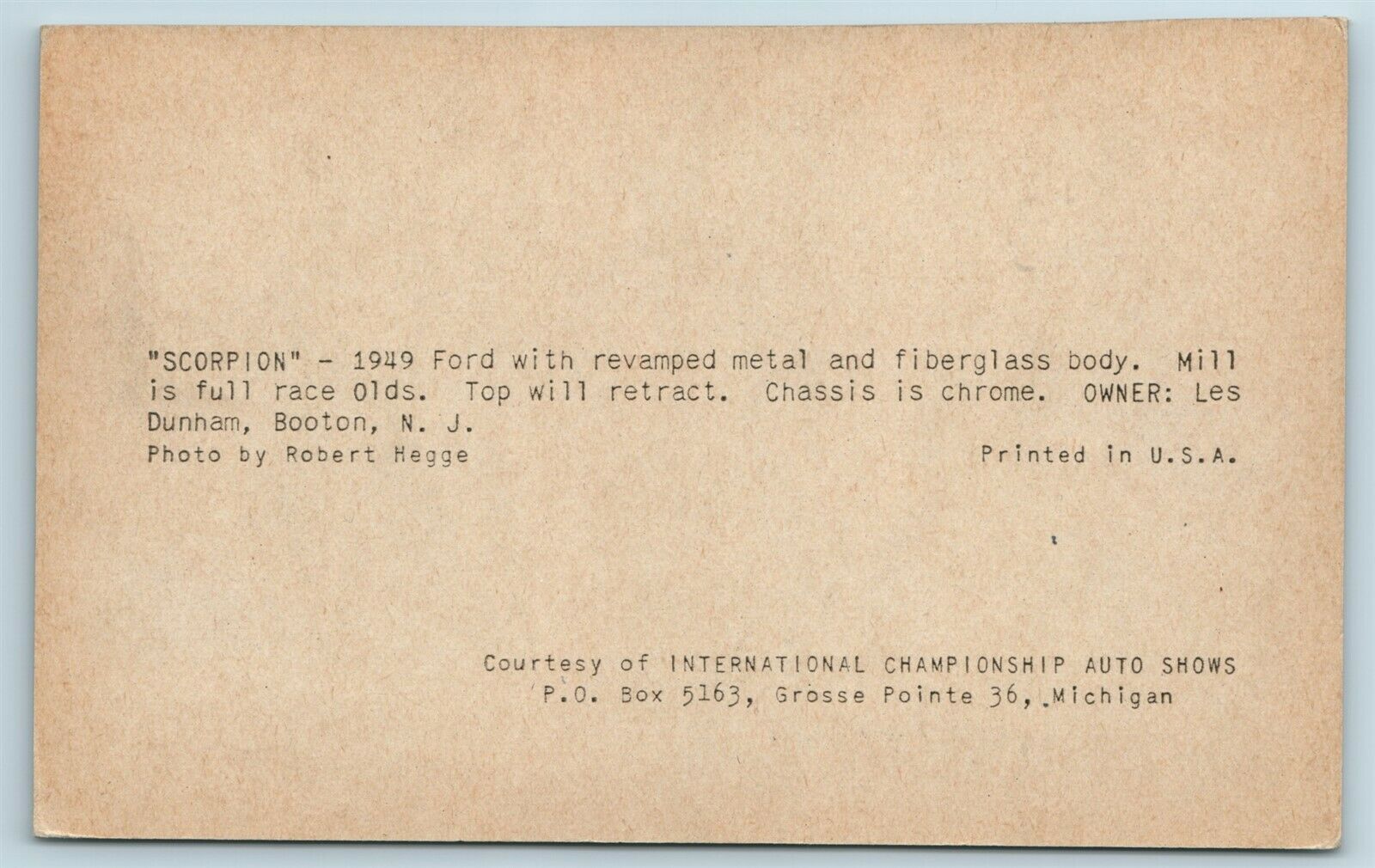 c1960s Arcade Card INTERNATIONAL CHAMPIONSHIP AUTO SHOW Scorpion Hot ...