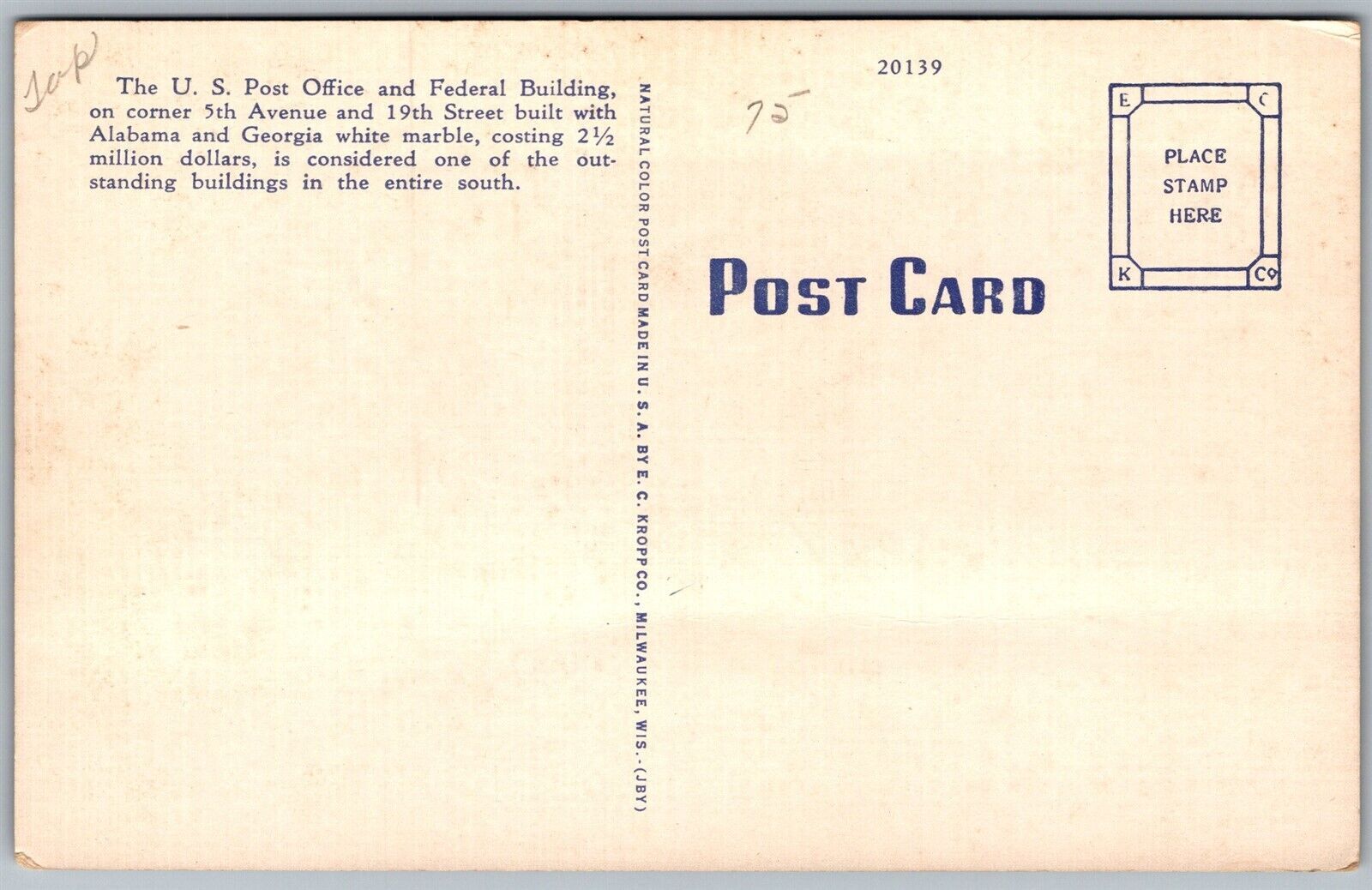 Vtg Birmingham Alabama AL US Post Office 1940s View Linen Unposted ...