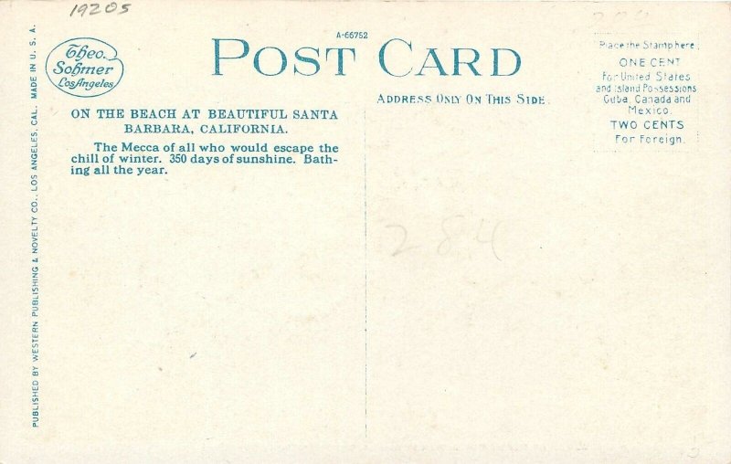 Postcard 1920s California Santa Barbara Beautiful Beach Scene Western ...