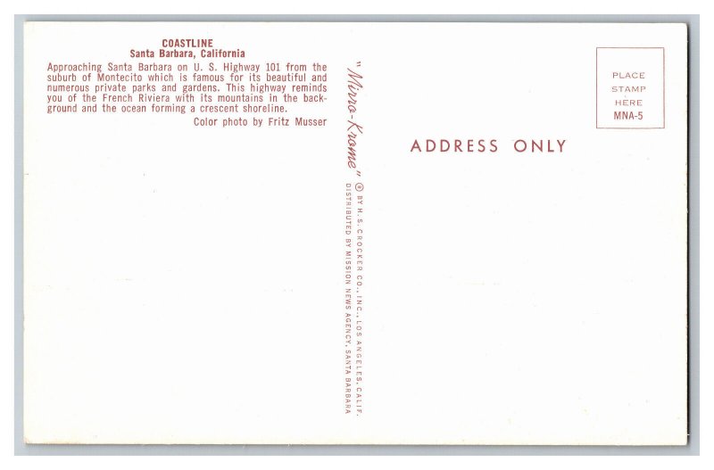 Coastline Santa Barbara California U. S. Highway 101 Postcard | United ...