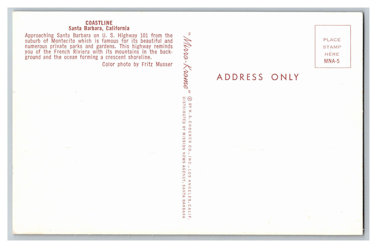 Coastline Santa Barbara California U. S. Highway 101 Postcard | United ...