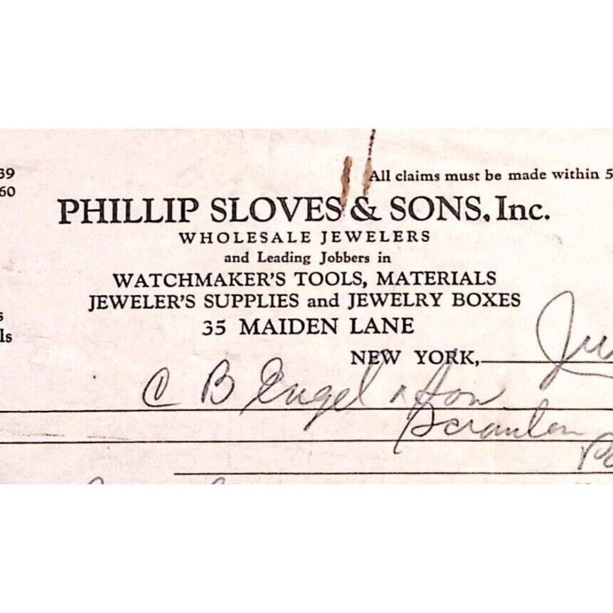 1935 New York Phillip Sloves & Sons Watchmaker Jeweler Billhead Invoice ...