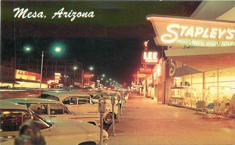 Autos 1950s Night Neon Main Street Mesa Arizona Petley postcard 9137 ...