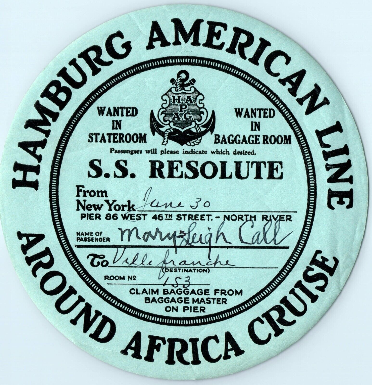 USED c1930s SS Hamburg American Line Luggage Label Mediterranean ...
