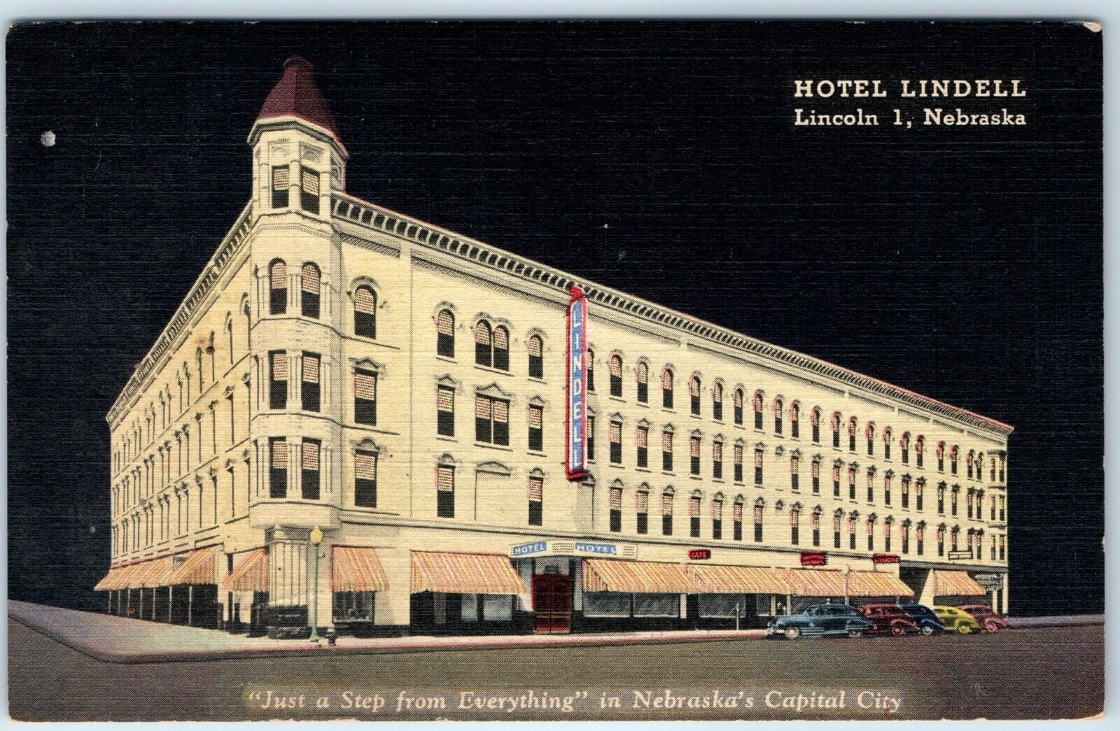 c1950s Lincoln, Neb Hotel Lindell Night Roadside Street Scene View ...