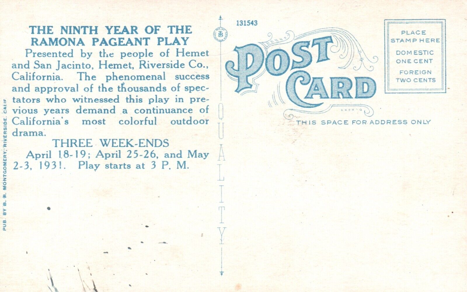 Postcard CA Hemet & San Jacinto 9th Ramona Pageant Play 1931 Vintage PC ...