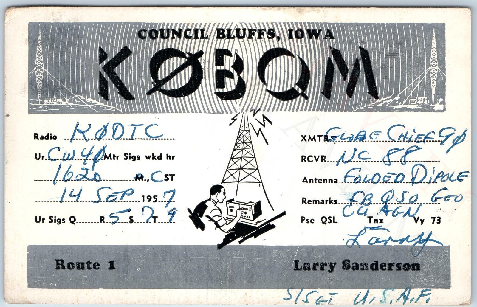 c1950s Council Bluffs, IA Radio Tower Operator Art QSL Card Sanderson ...