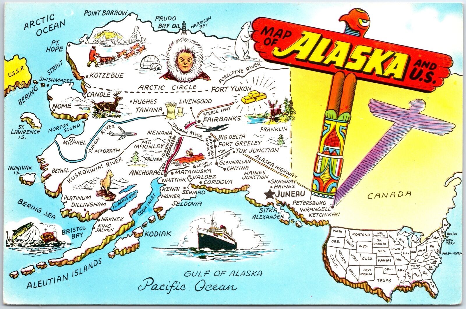 Vintage Postcard Continental Size Animated MAP of Alaska and U.S ...