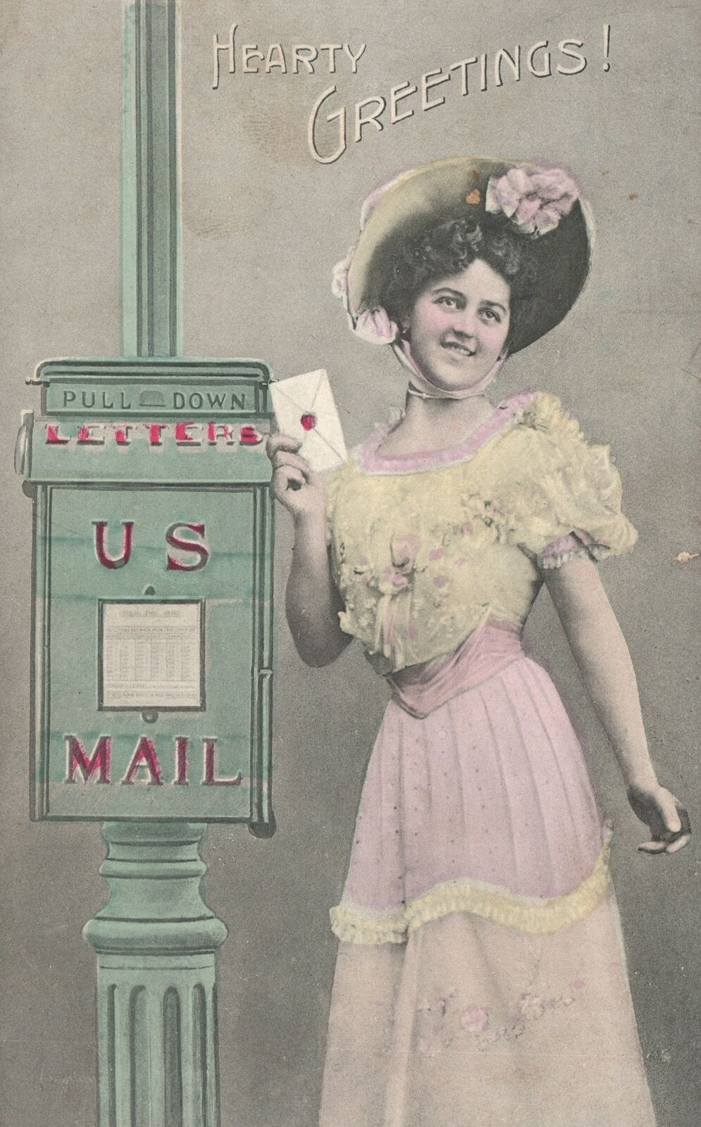 Vintage Postcard 1910's Hearty Greetings U.S. Post Mail Girl Sending ...