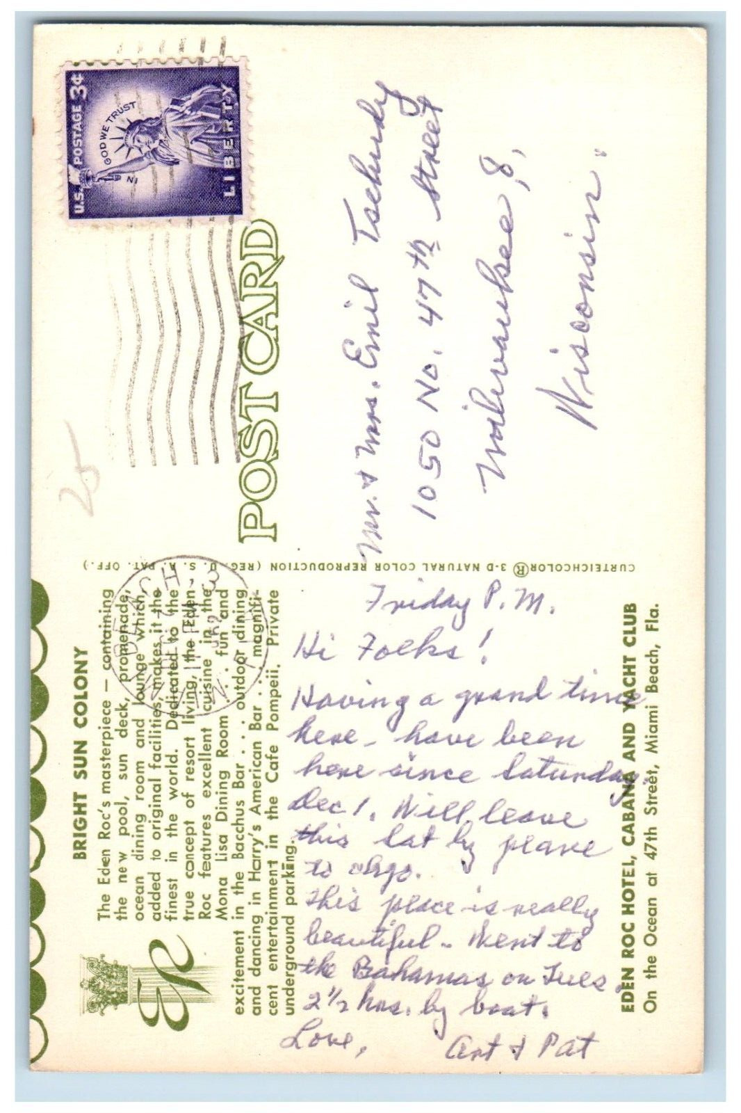 Miami Beach Florida FL Postcard Eden Roc Hotel Cabana And Yacht Club ...