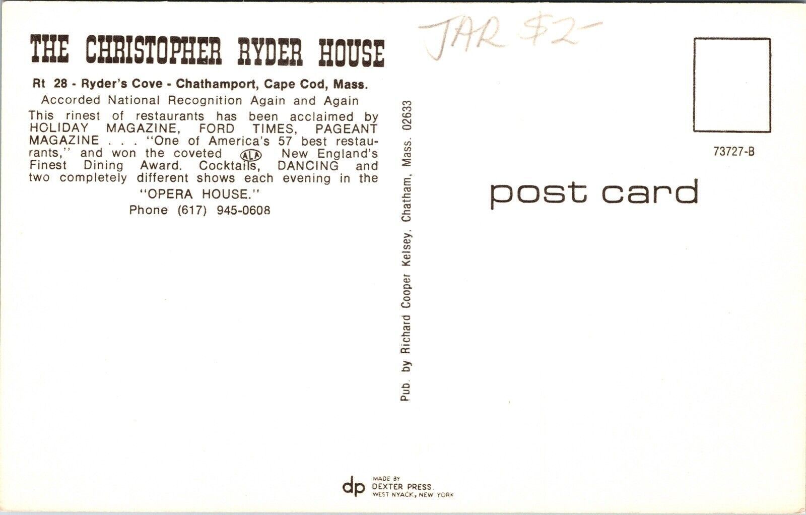 Historic Christopher Ryder House Cape Cod Massachusetts Chrome Postcard ...