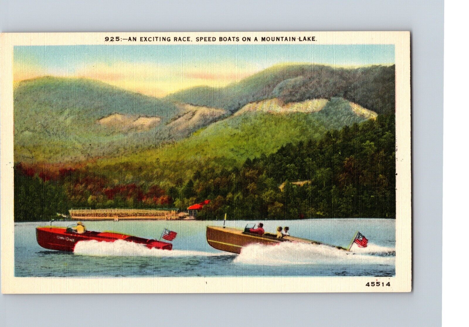Speed Boats On A Mountain Lake Racing Wood Craft Unused Linen Postcard ...