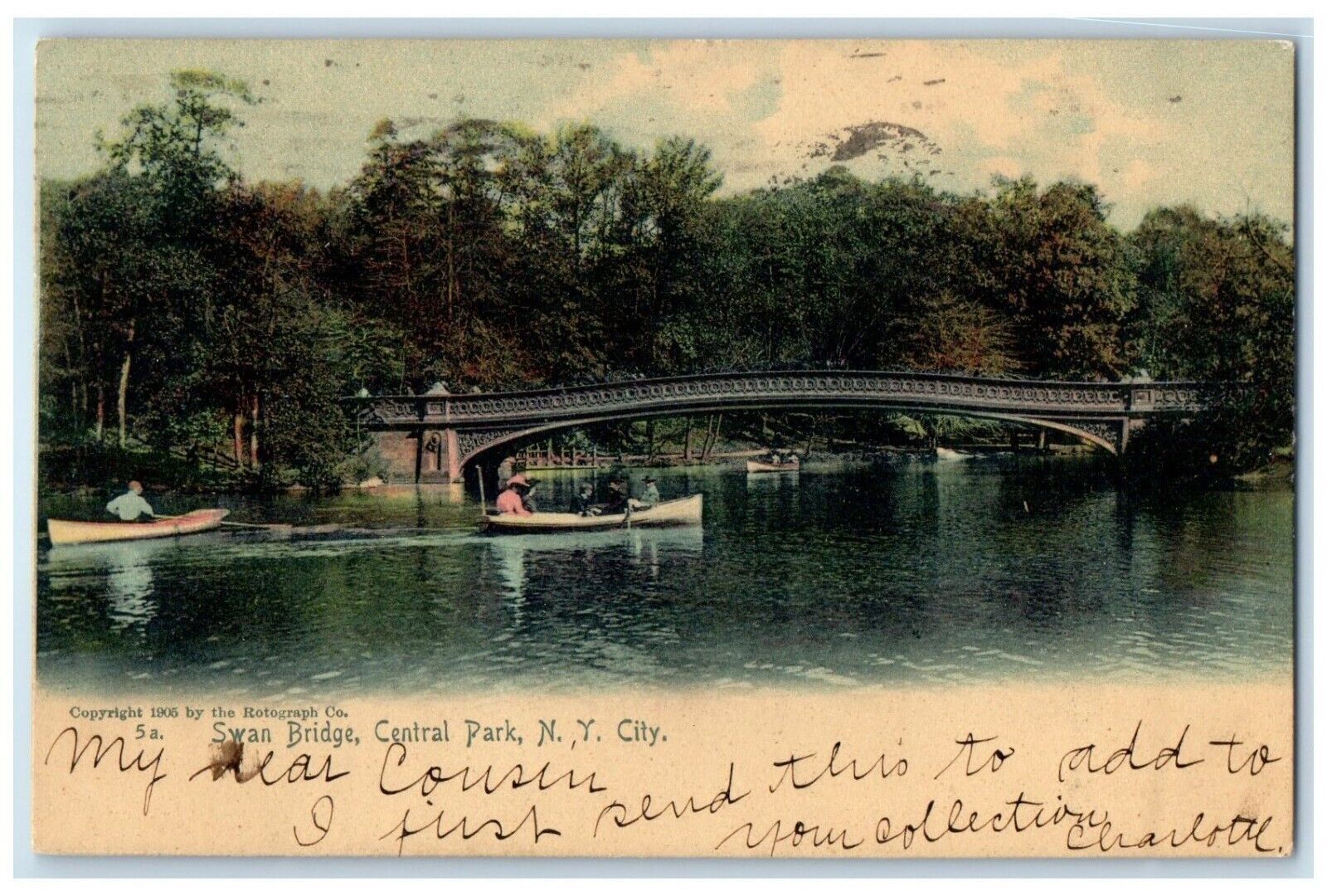 1905 Swan Bridge Central Park Canoe Boat New York City New York Vintage ...