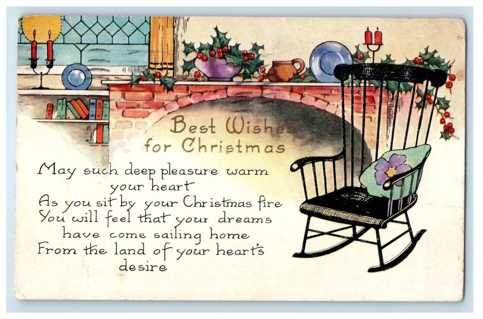 1925 Christmas Poem Windsor Rocking Chair Holly Fireplace Embossed ...
