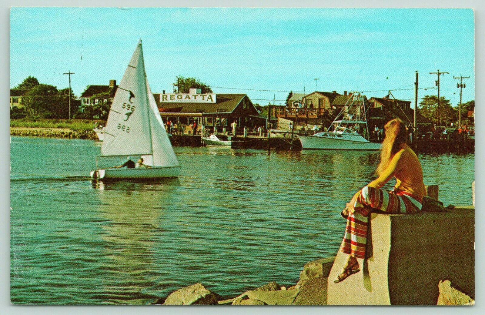 Cape Cod Massachusetts~Falmouth Harbor~Sailboat~Girl~ Restaurant~Dock ...