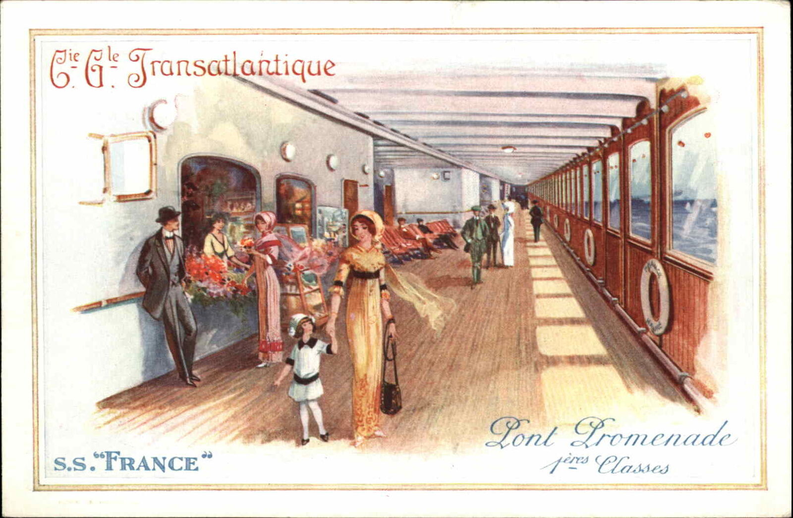 SS France Ship Steamship Cie Gle Transatlantique CGT Deck Scene c1910 ...