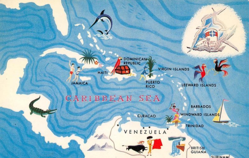 CARIBBEAN SEA Jamaica Barbados Virgin Islands Map Alcoa Steamship 1950s ...