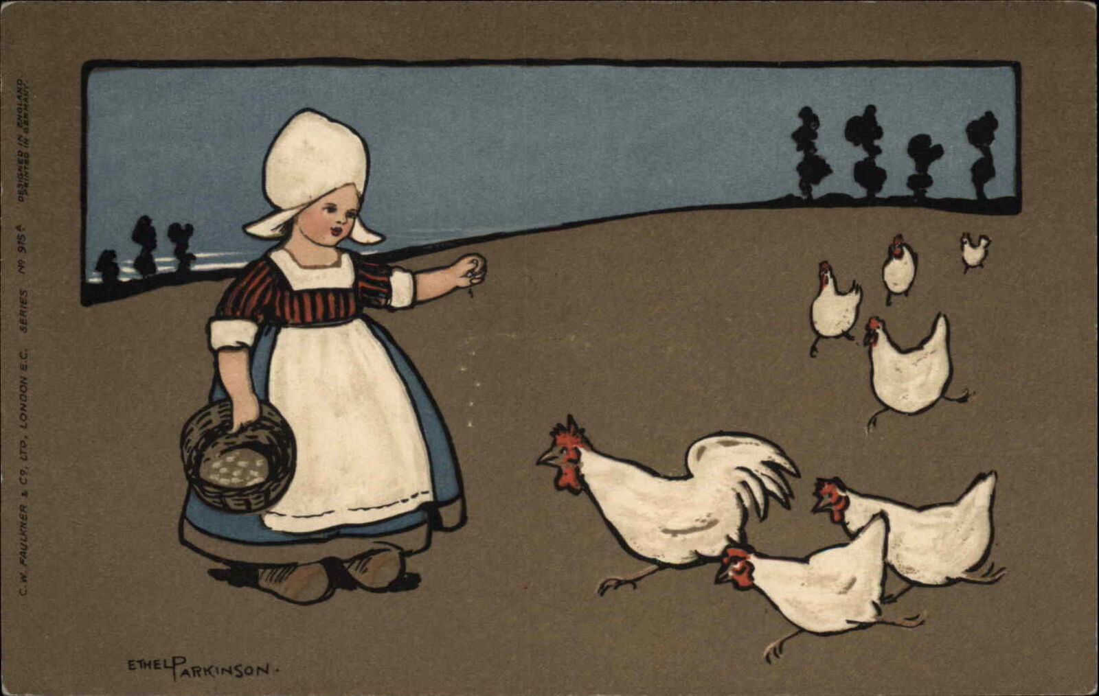 Ethel Parkinson Folk Art Little Dutch Girl Feeding Chickens c1910 ...