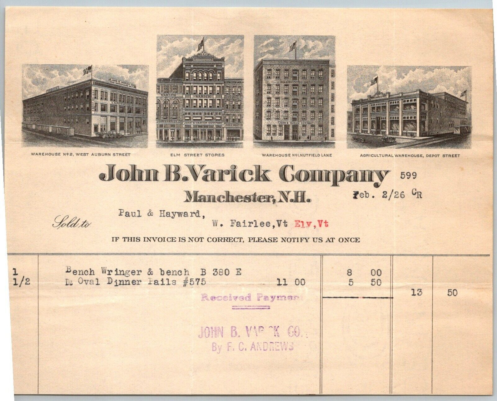 1926 John B. Varick Company Manchester New Hampshire Receipt 6" x 8 ...