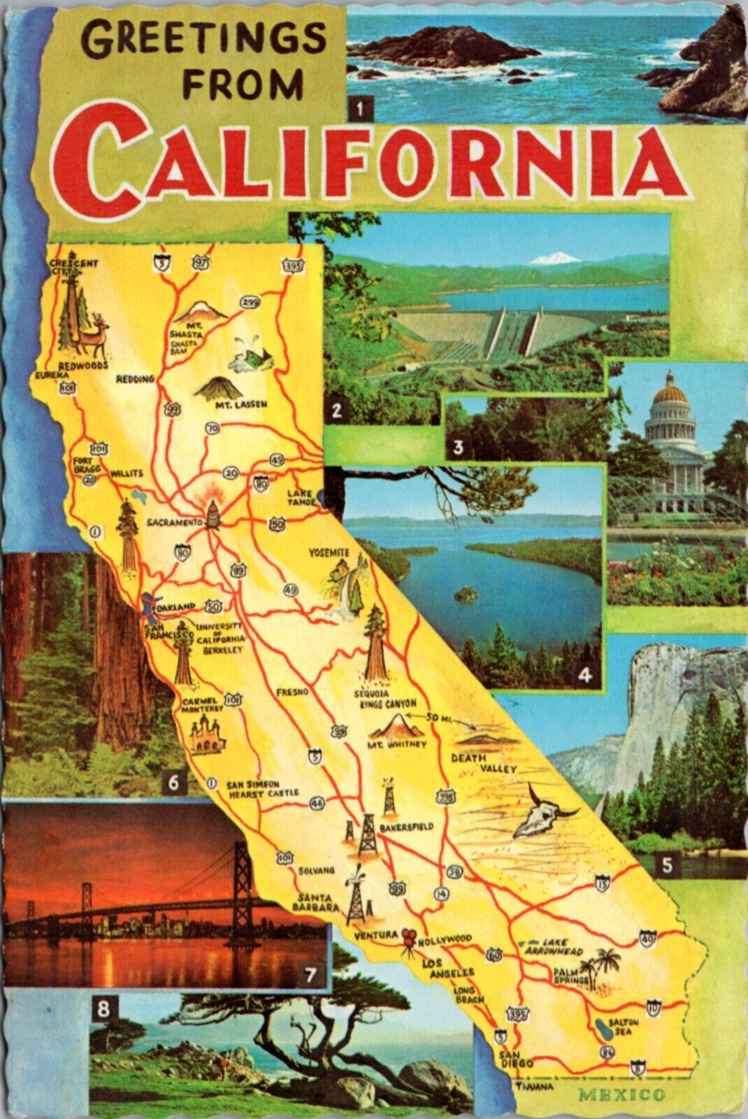 Postcard Map California - map of highways and pictures | United States ...