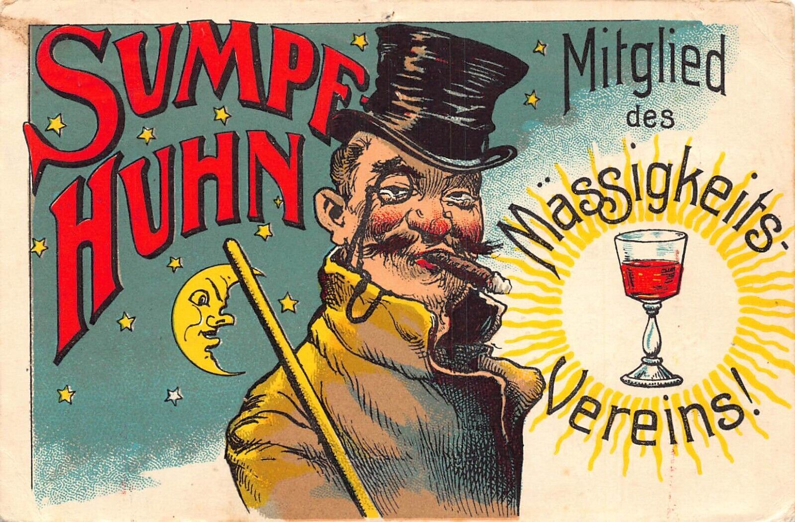 Sumpf-Huhn beverage topic drinks comic humor man smoking cigar moon ...