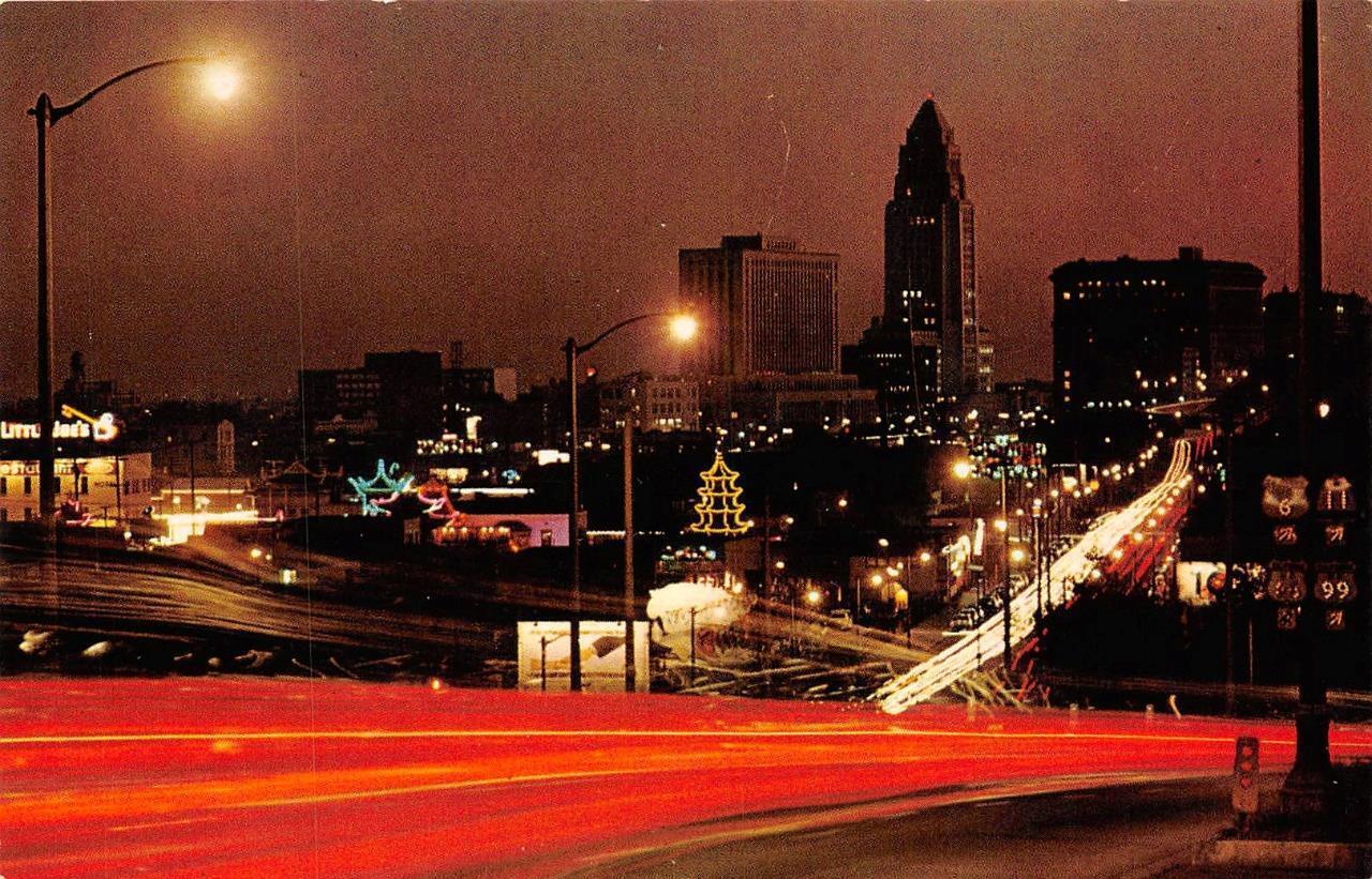 LOS ANGELES, CA Chinatown Night View Arroyo-Seco Freeway c1950s Vintage ...