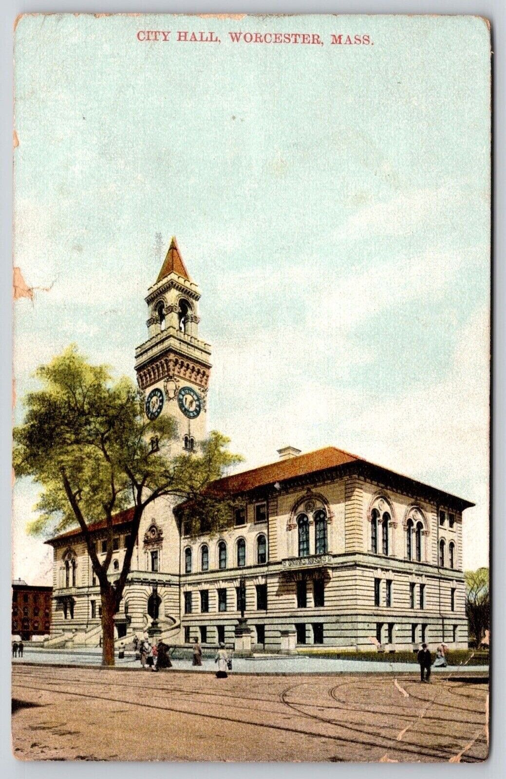 City Hall Worcester Massachusetts Clock Tower Street View Cancel 1909 ...