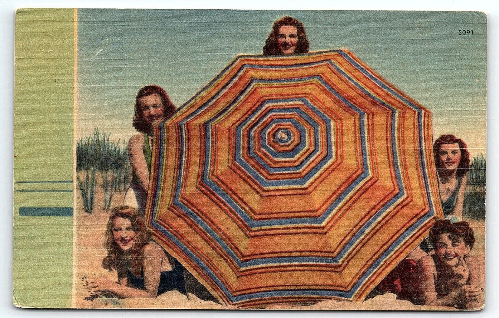 1940s Sunbathing Beauties Beachside With Umbrella Linen Postcard P3667 ...