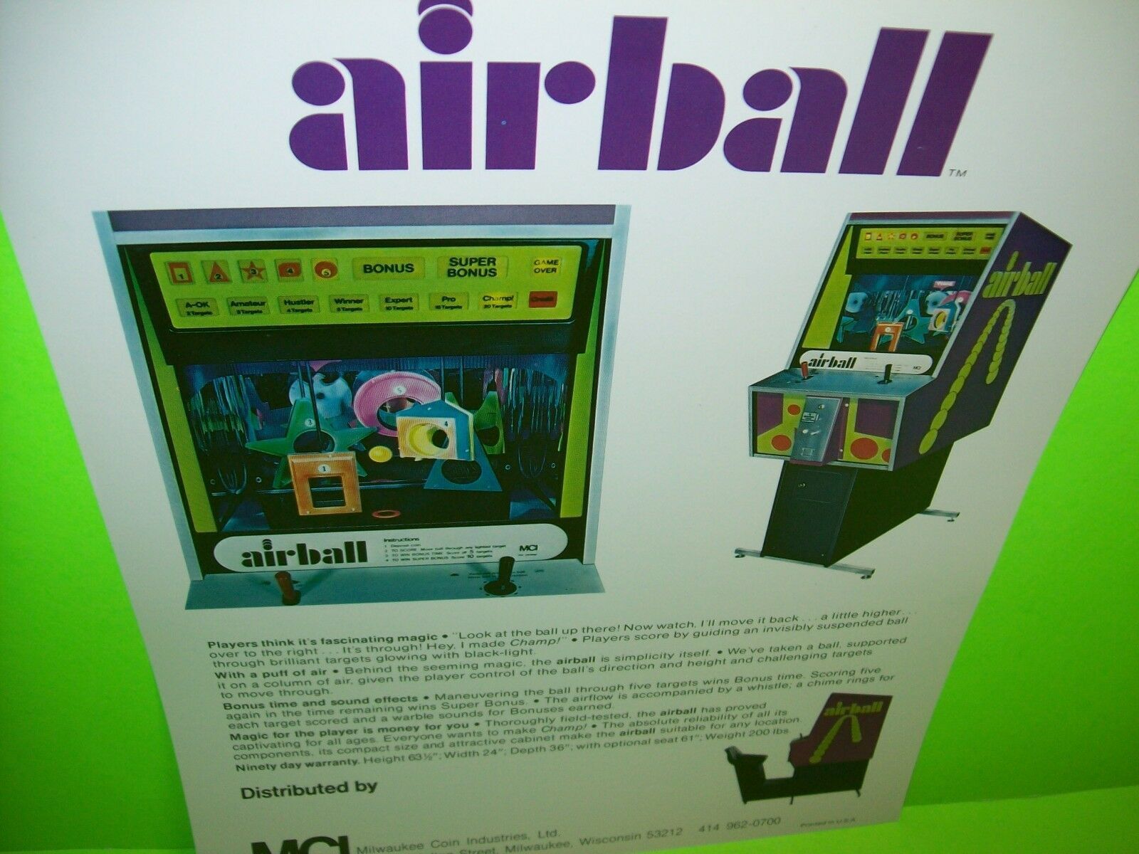 AIRBALL Arcade Game Flyer ORIGINAL NOS 1972 Unique Non Video Retro ...