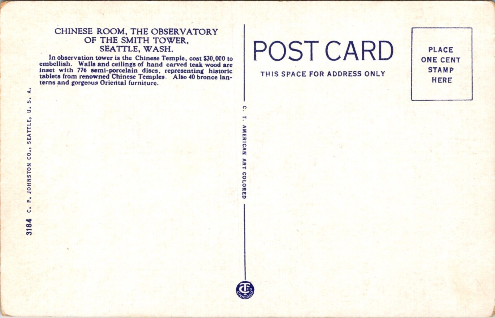 Linen Postcard Chinese Room The Observatory of Smith Tower Seattle ...