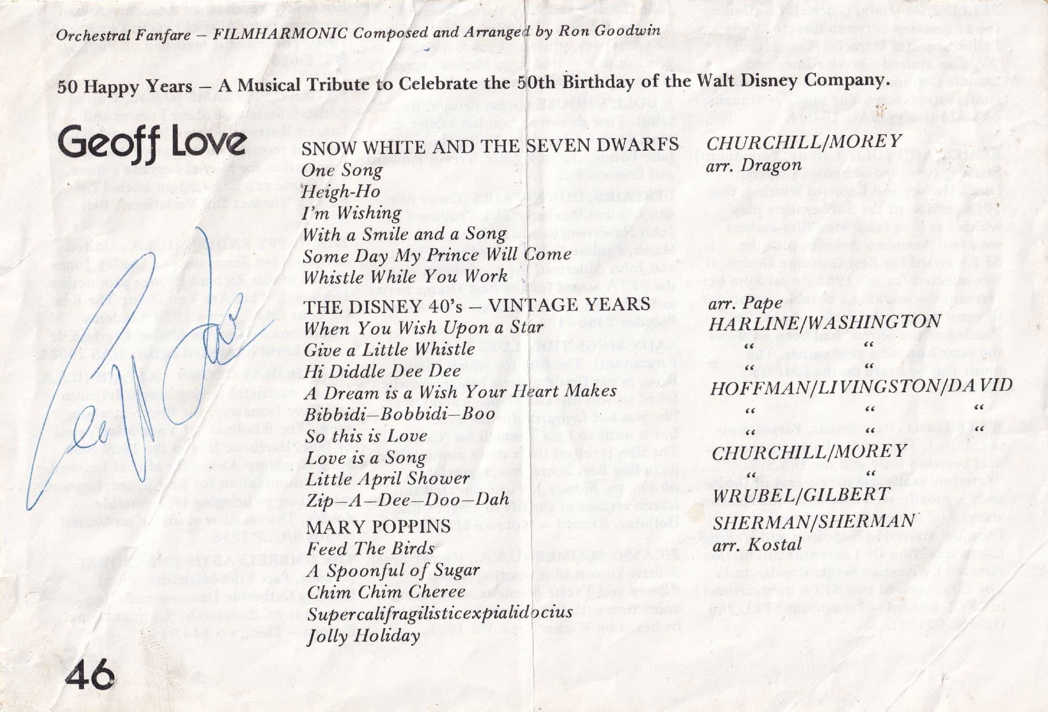 Geoff Love Walt Disney Snow White Hand Signed Page Ephemera | Topics ...