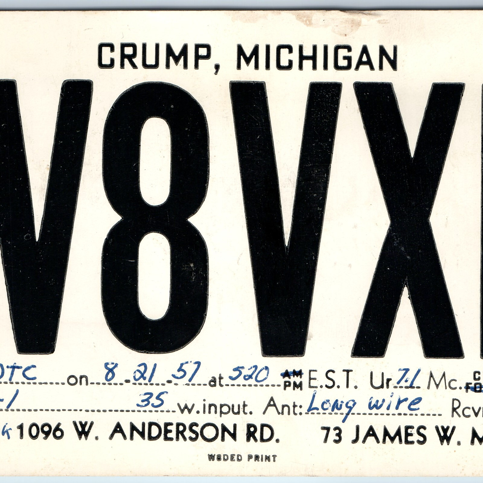 c1950s Crump, MI Bold Text Typography Art QSL Radio Card Anderson ...