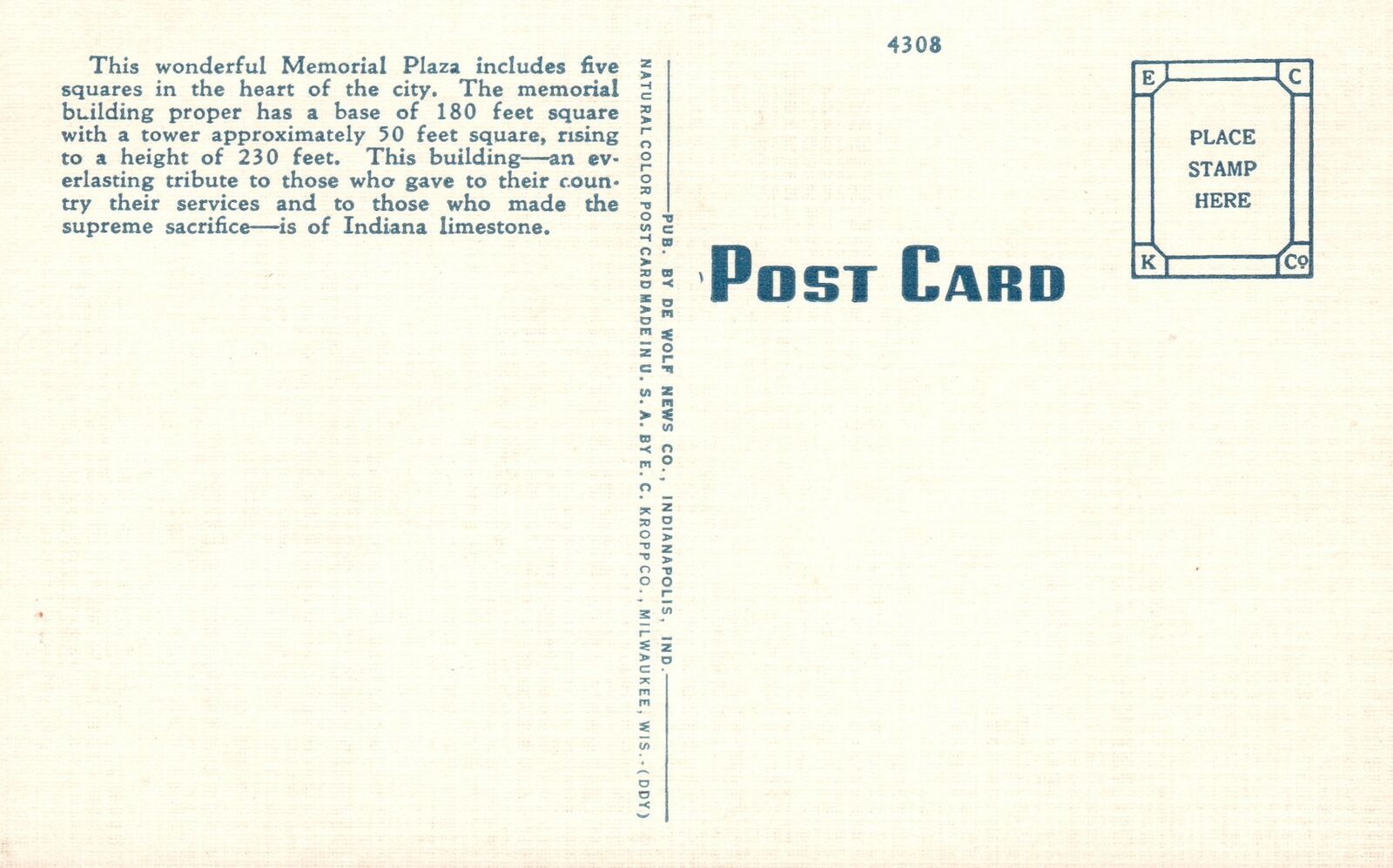 Vintage Postcard Indiana War Memorial Wonderful Plaza Indianapolis ...