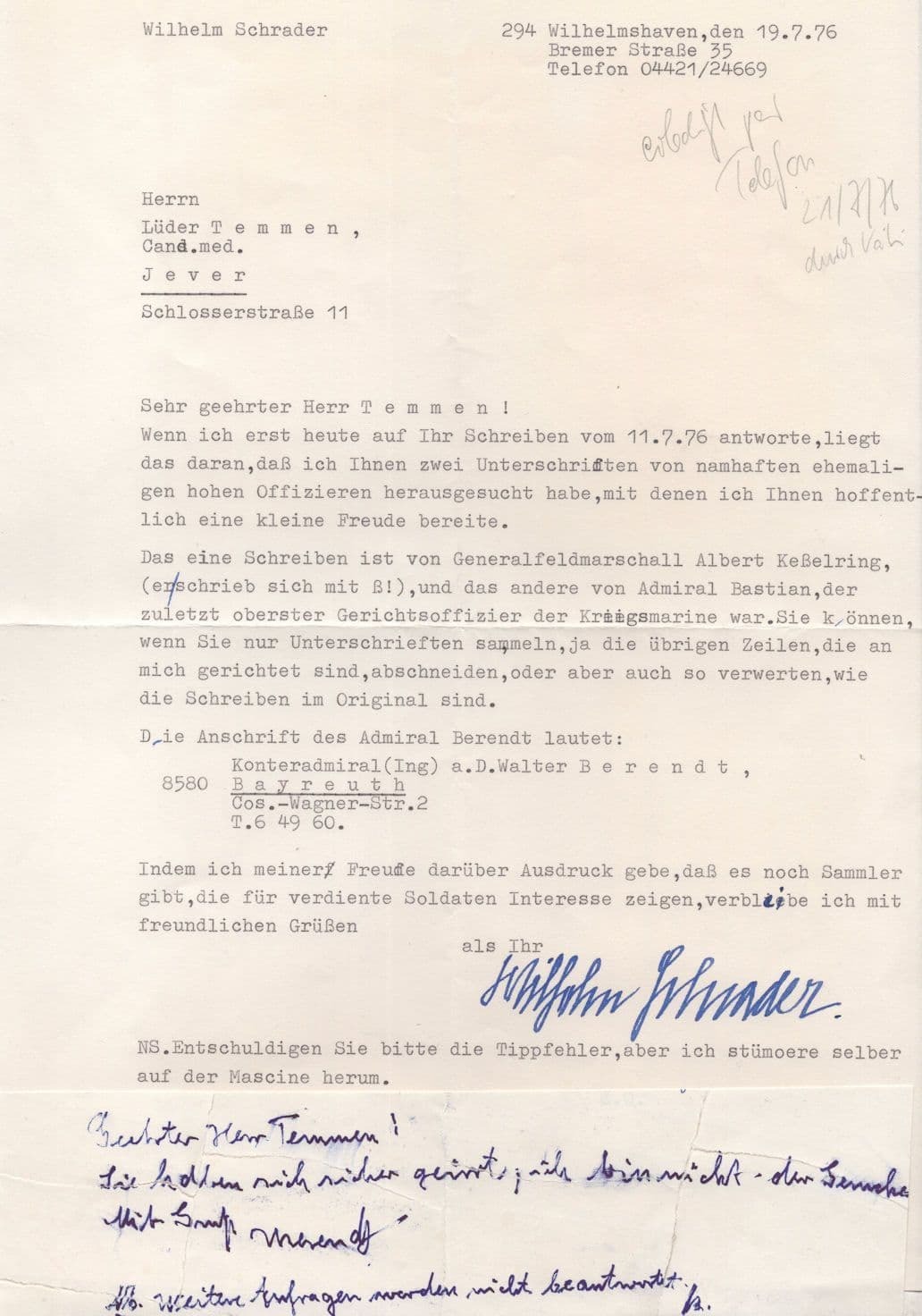 William Schrader German Lieutenant Colonel Military Letter 2x Autograph ...