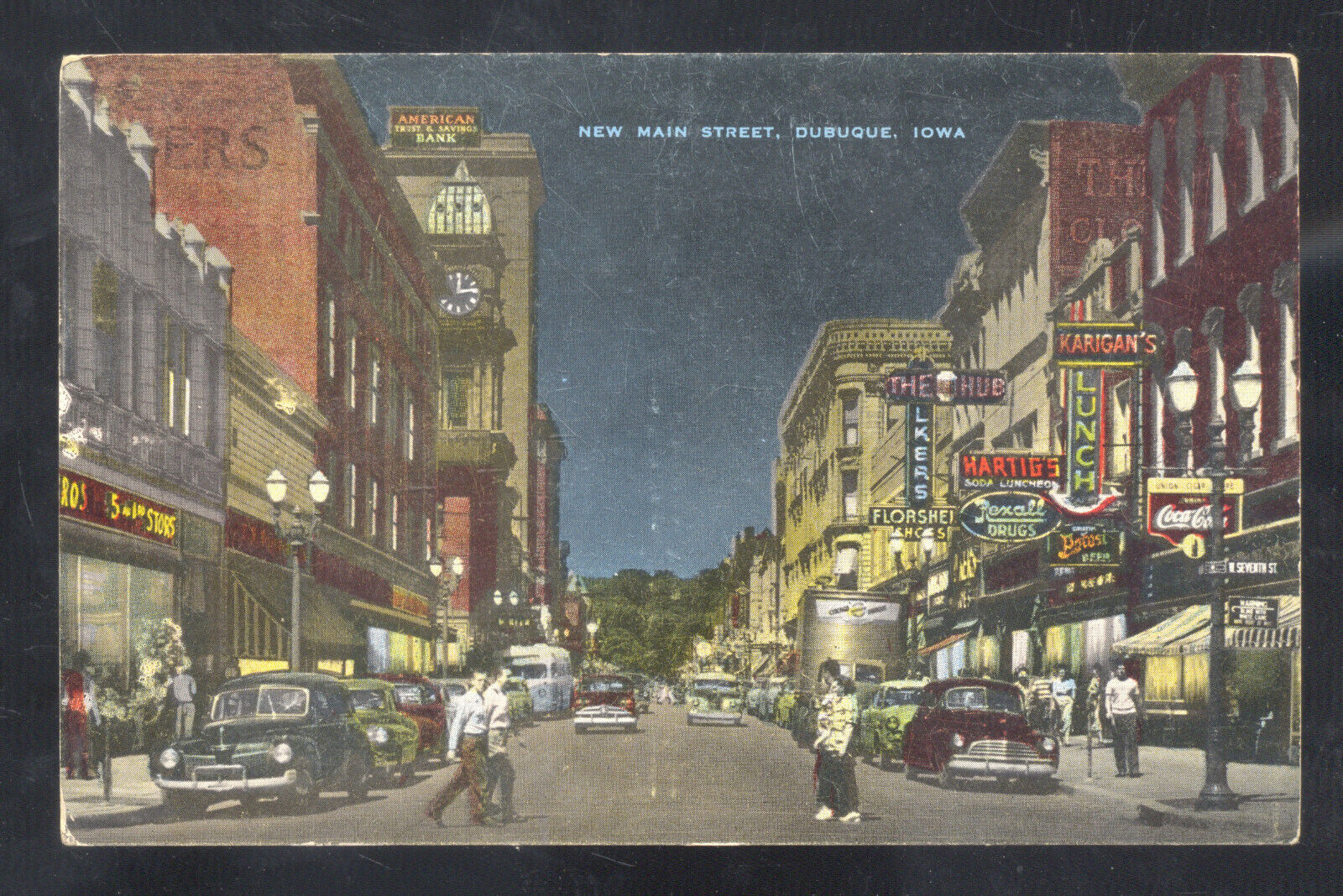 Dubuque Iowa Downtown Street Scene at Night OLD Cars Stores Vintage ...