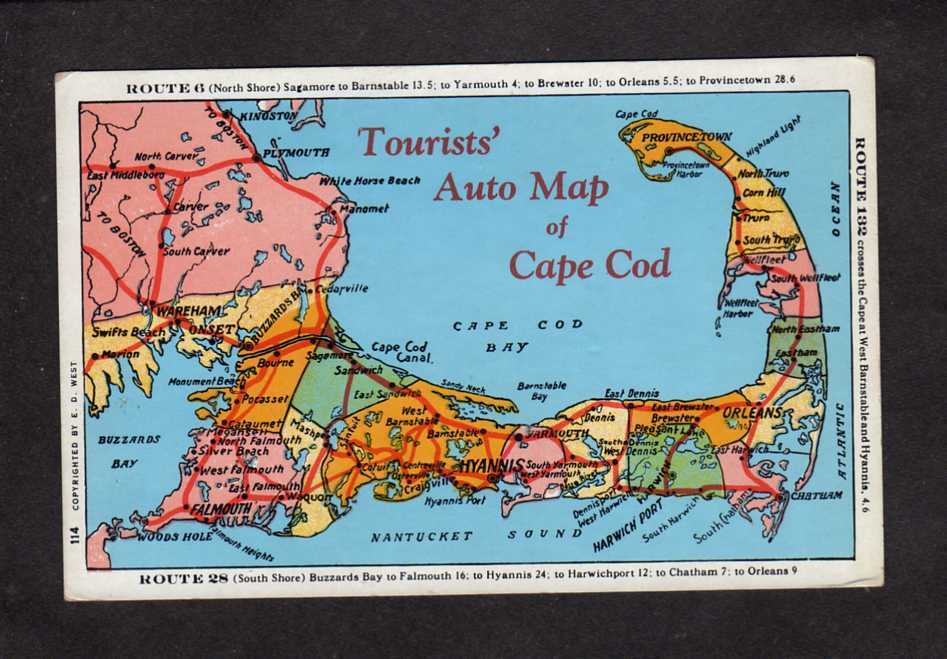 MA Auto Map of Cape Cod Massachusetts Postcard Hyannis, Provincetown ...