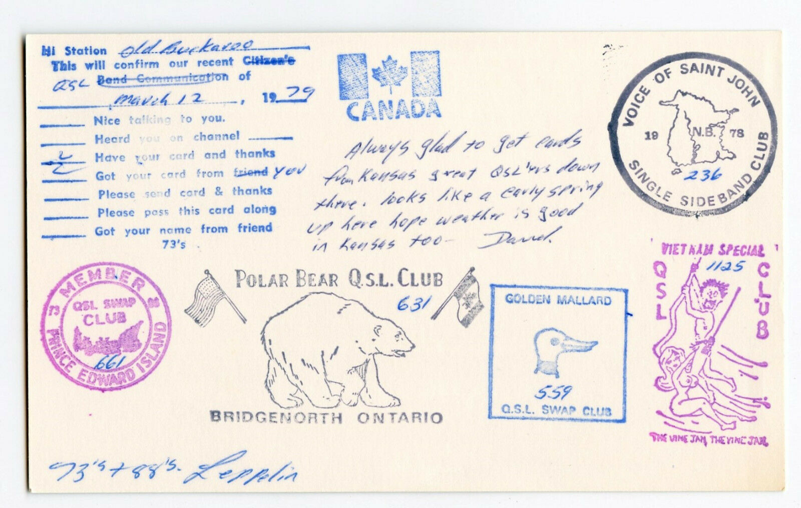 Nice Used QSL Radio Card From Belleisle Creek N. B. Canada XM65-11681 ...