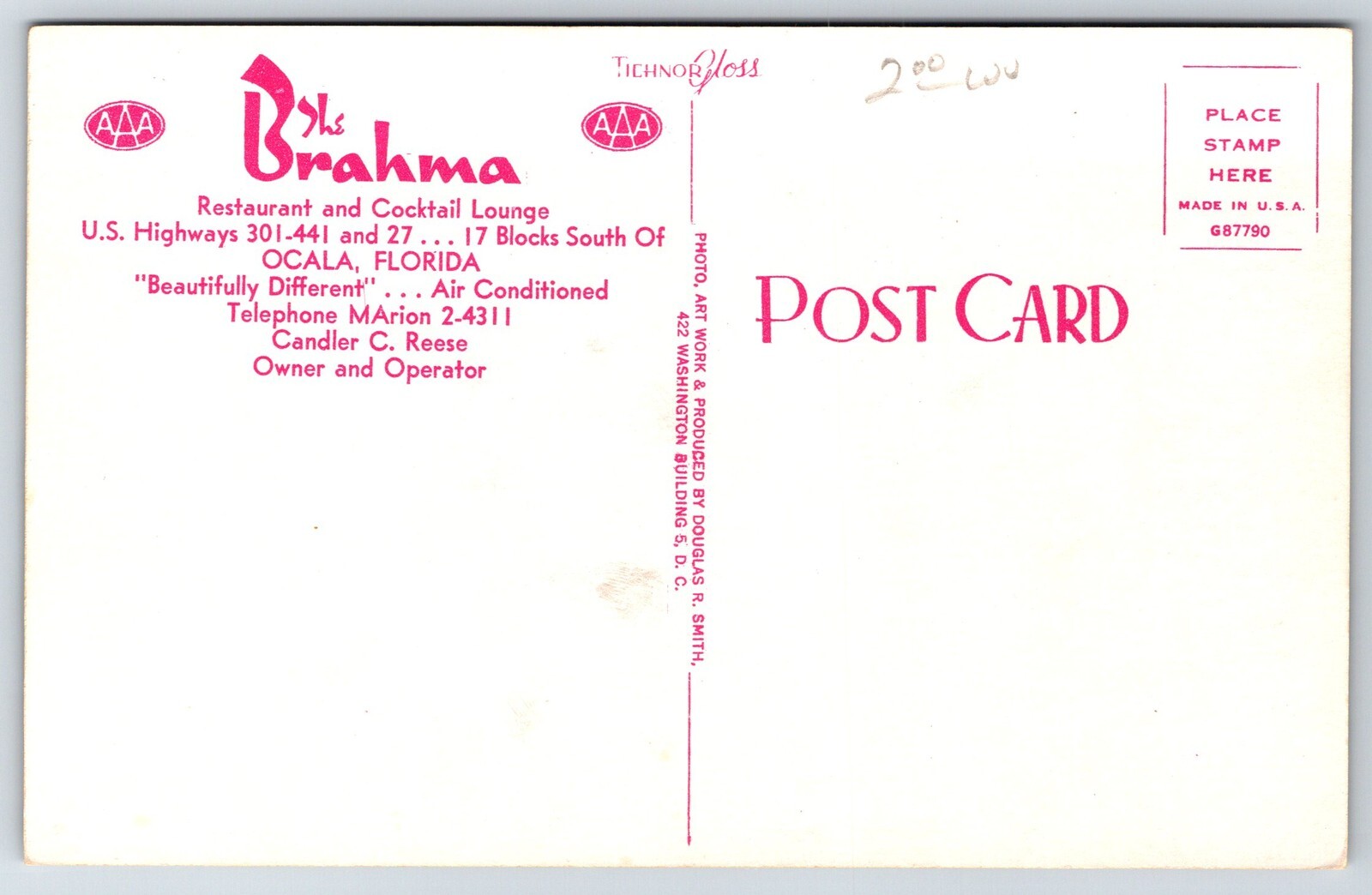 Ocala Florida~Candler C Reese the Brahma Restaurant~Tichnor Gloss 1950s ...