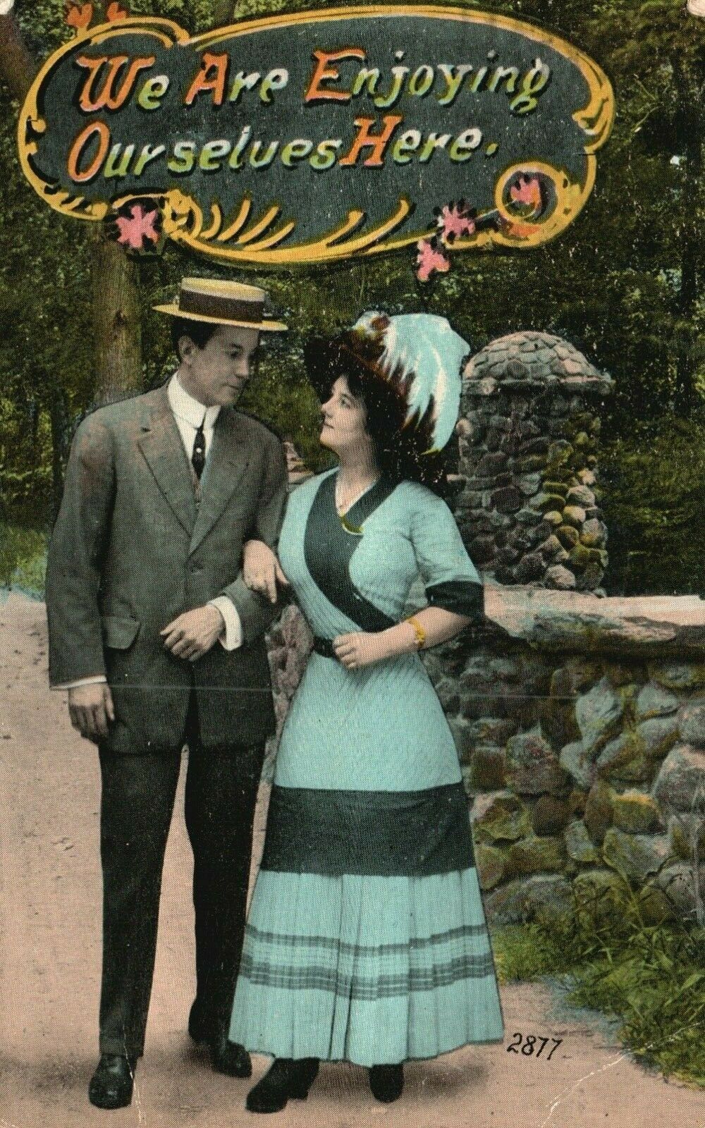 Vintage Postcard 1915 We are Enjoying Ourselves Here. Couple on a Walk ...