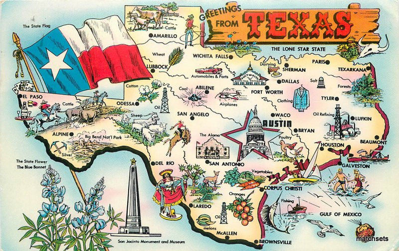 1950s Map Attractions TEXAS Tichnor postcard 4365 | United States ...