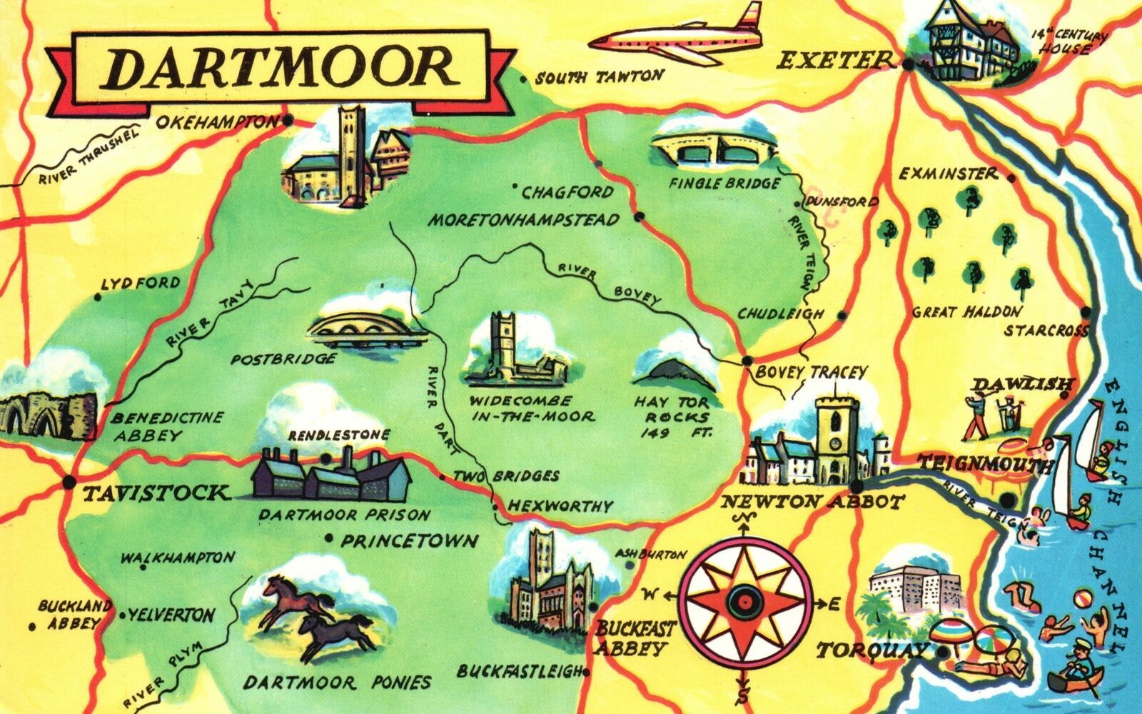Vintage Postcard Map Hiastorical Landmarks Tourist Attraction Dartmoor ...