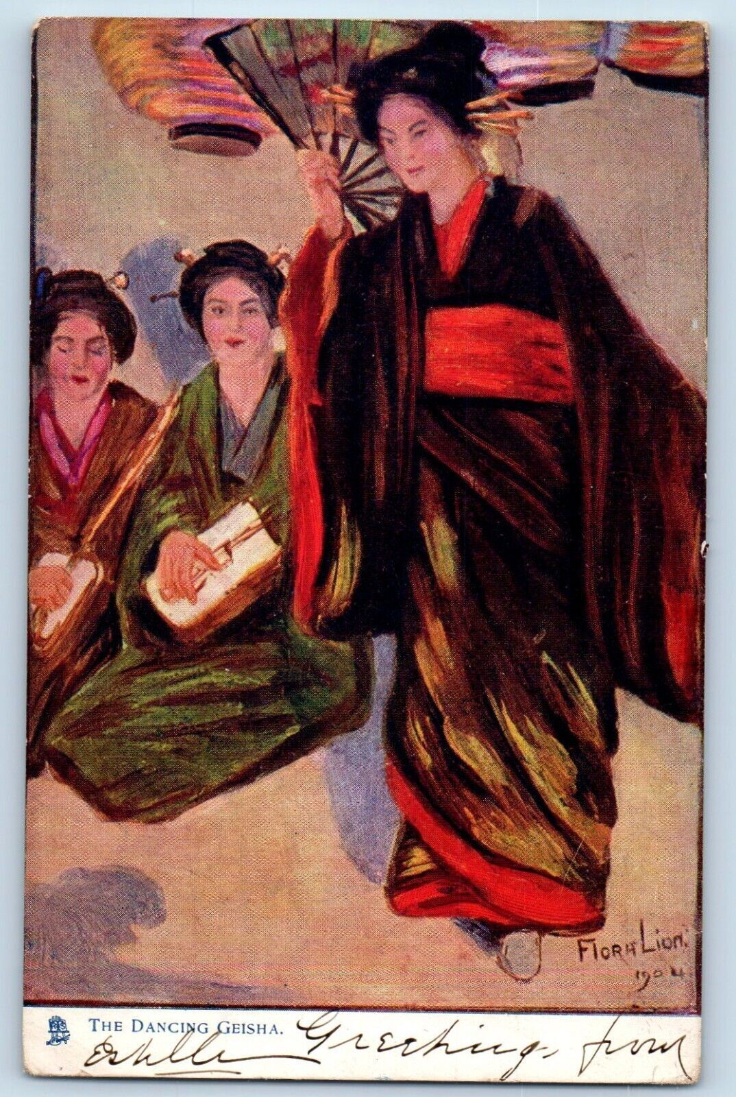 Flora Lion Signed Artist Postcard The Dancing Geisha Japanese Girls Fan ...