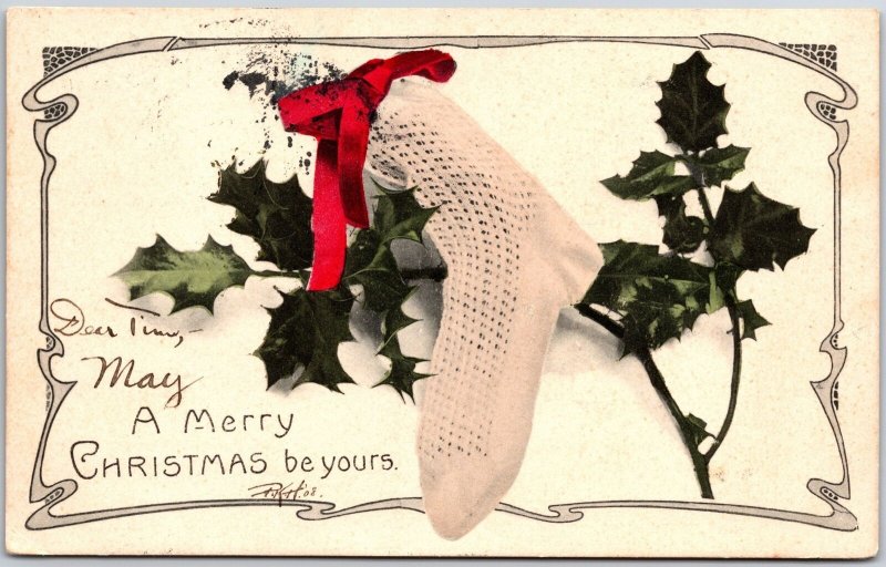 1910's Sock With Red Ribbon And Leaves Greetings Wishes Posted Postcard ...