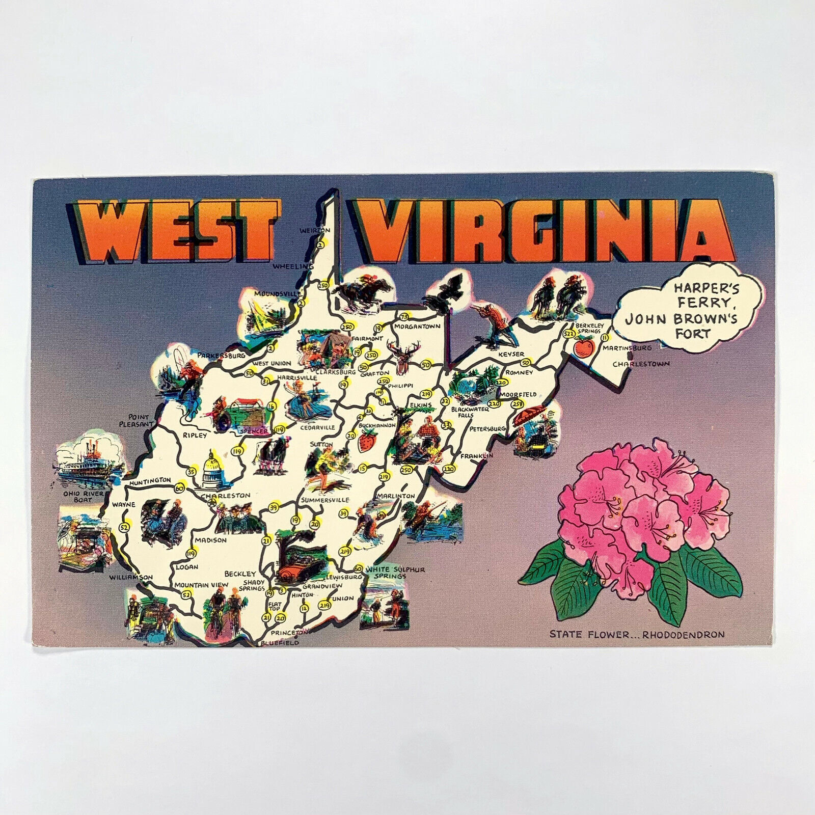 Postcard West Virginia WV Map Landmarks Rhododendron 1960s Unposted ...