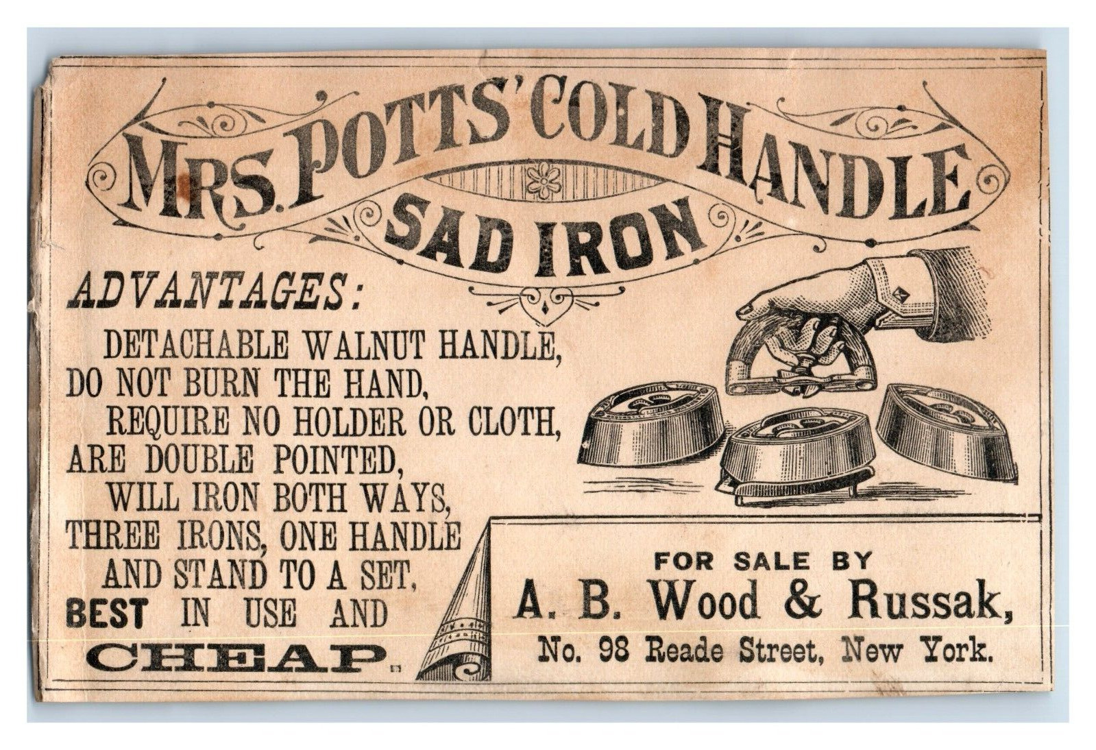 1880s Mrs. Pott's Cold Handle Sad Irons A.B. Wood & Russak Store Clerk ...