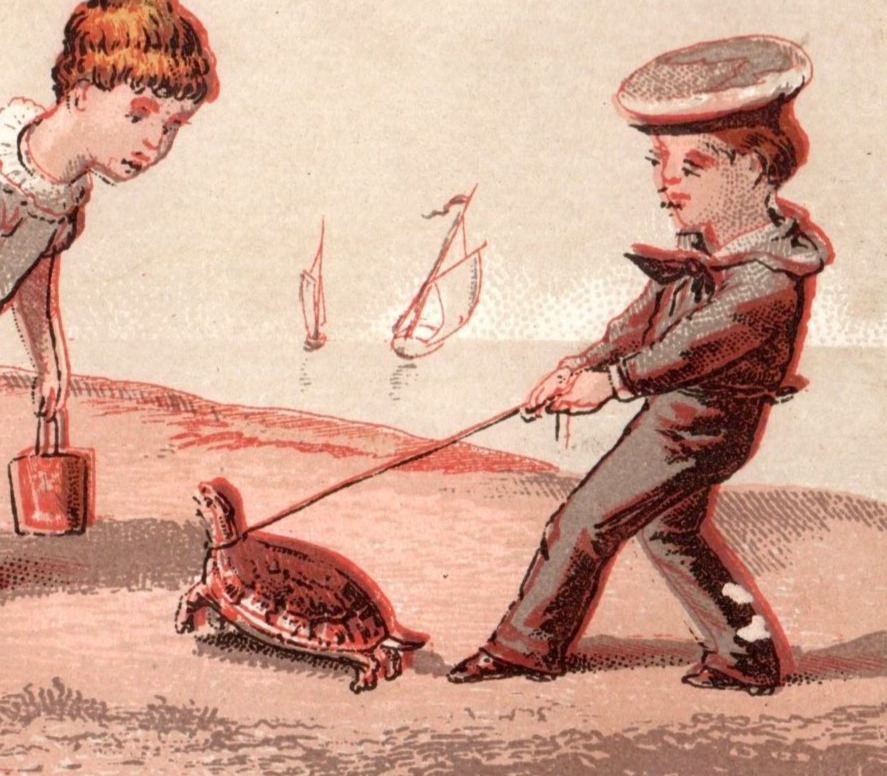 1880s Victorian Trade Card Beach Sailor Boy Walking Pet Sea Turtle P81 ...