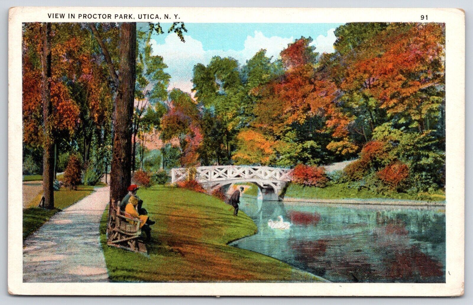 View of Proctor Park White Bridge Feeding Swan Landscape Trees Vintage ...