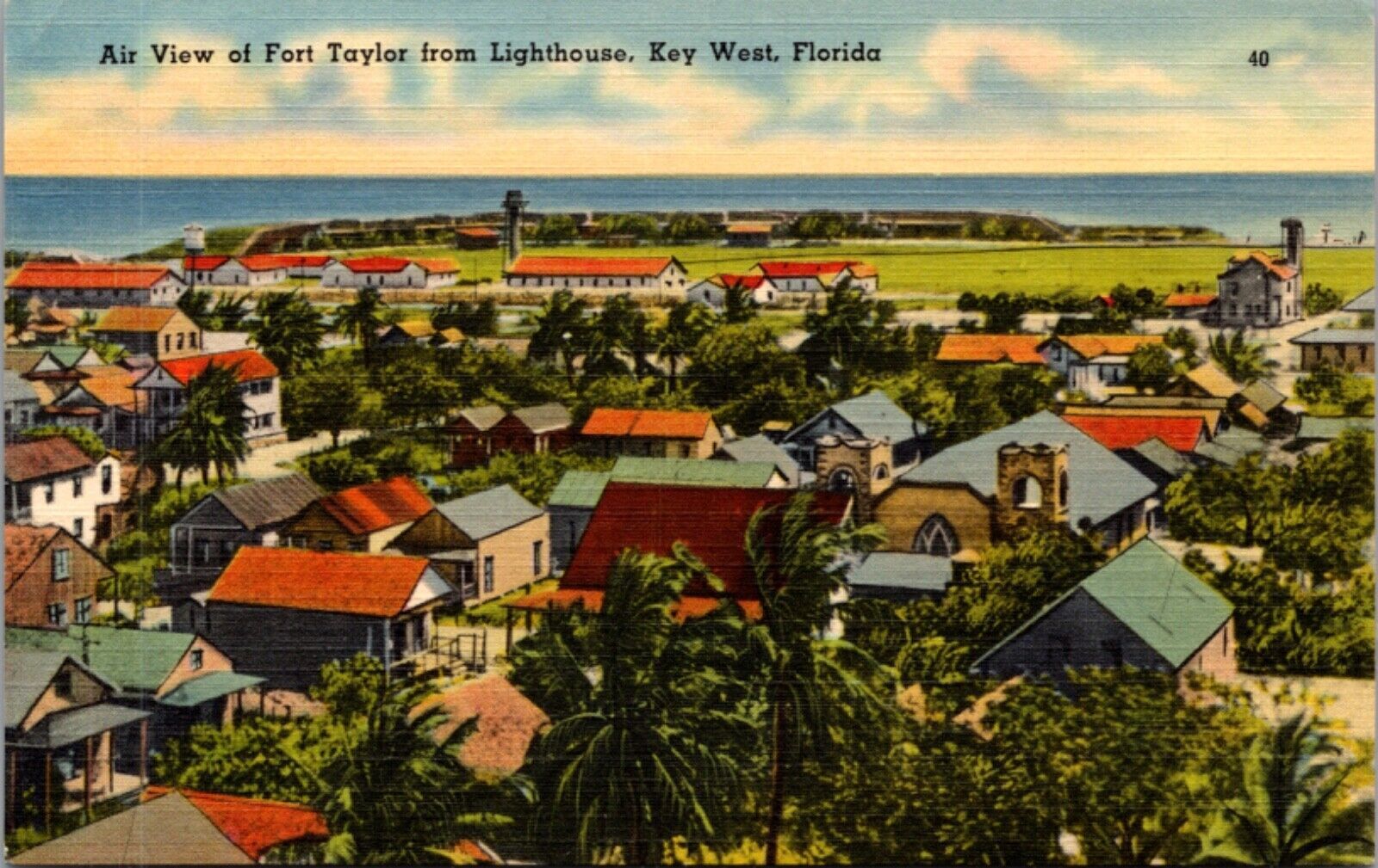 Linen Postcard Aerial View of Fort Taylor from Lighthouse in Key West ...